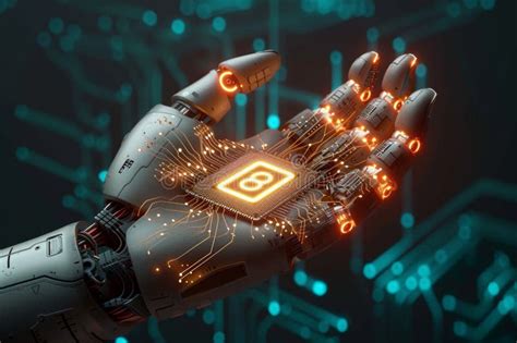 Futuristic Ai Hand Holding Logo On Microchip Hologram 3d Rendering Stock Illustration