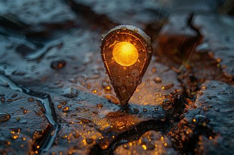 small yellow pin on a wet surface the object is a lighted up in that