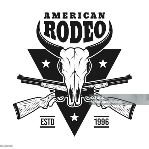 황소 두개골과 흰색 배경에 고립 된 빈티지 흑백 스타일의 두 개의 교차 소총로 로데오 벡터 엠블럼 T 셔츠에 대한 스톡 벡터