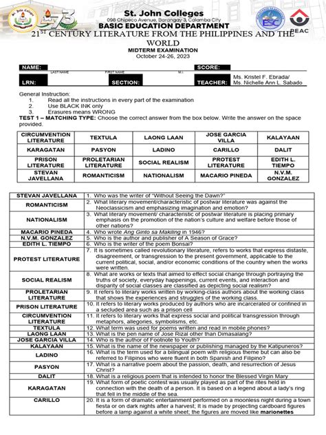 21st Lit Midterm Exam Answer Key Pdf Poetry