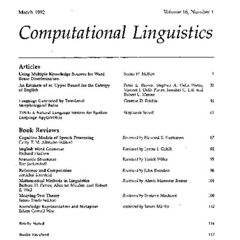 Computational Linguistics Volume 18 Number 1 March 1992 Acl Anthology