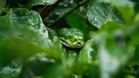 Sinuous Green Tree Python Camouflaged Among Leaves Premium Ai Generated Image