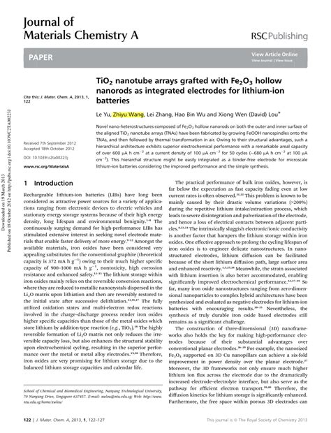 Pdf Tio2 Nanotube Arrays Grafted With Fe2o3 Hollow Nanorods As Integrated Electrodes For
