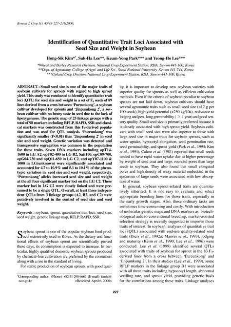 Pdf Identification Of Quantitative Trait Loci Associated With Seed Size And Weight In Soybean