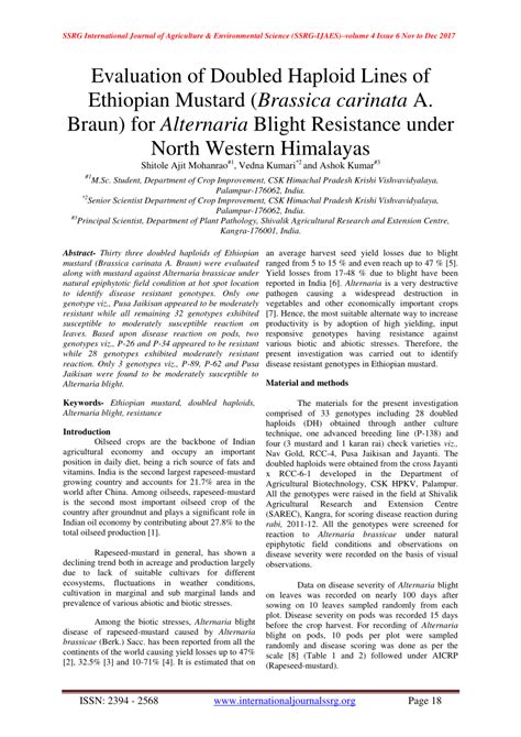 Pdf Evaluation Of Doubled Haploid Lines Of Ethiopian Mustard