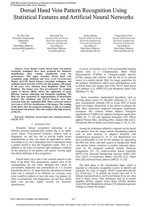Pdf Dorsal Hand Vein Pattern Recognition Using Statistical Features And Artificial Neural Networks