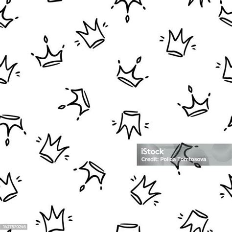 낙서 크라운 손으로 그린 매끄러운 패턴 낙서 공주 왕관 여왕 티아라 패턴 라인 스케치 왕실 배경 여왕 왕의 손으로 그린 간단한 배경 벽지 왕관에 대한 스톡 벡터 아트 및