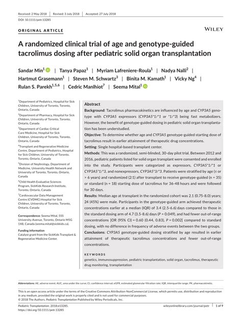 Pdf A Randomized Clinical Trial Of Age And Genotype‐guided Tacrolimus Dosing After Pediatric