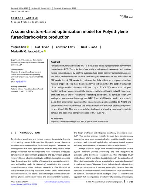 A Superstructure‐based Optimization Model For Polyethylene Furandicarboxylate Production