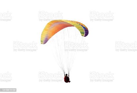 패러글라이더를 타고 비행하는 스포츠맨 흰색 배경에 비행에 아름다운 패러 글라이더 글라이딩에 대한 스톡 사진 및 기타 이미지 글라이딩 낙하산 항공 비행체 낙하산 항공
