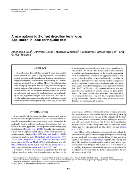 Pdf A New Automatic S Onset Detection Technique Application In Local Earthquake Data