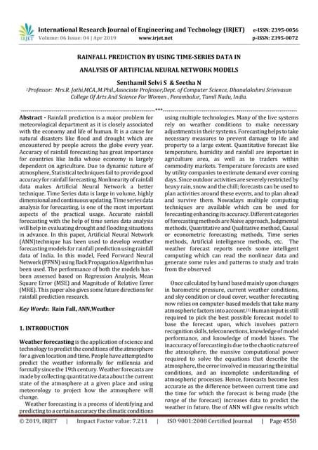 Irjet Rainfall Prediction By Using Time Series Data In Analysis Of Artificial Neural Network