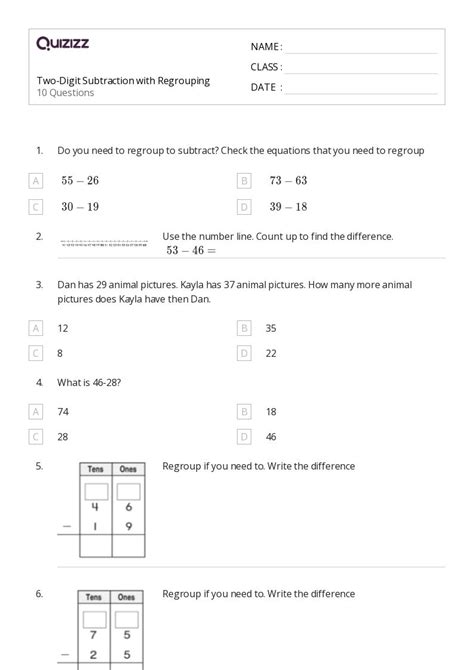 50 two digit subtraction worksheets for 2nd grade on quizizz free