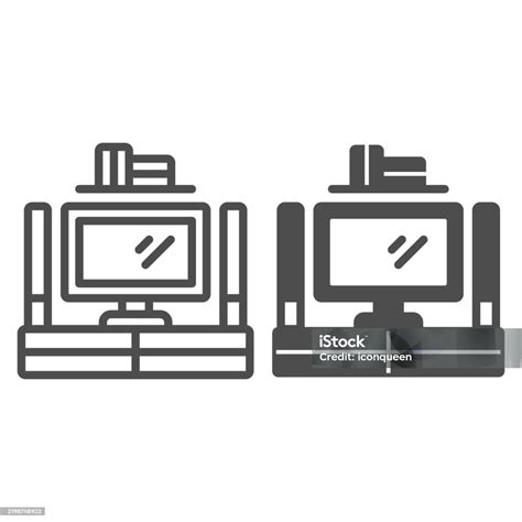 서랍과 오디오 시스템 라인이 있는 테이블에 Tv 단색 아이콘 집 인테리어 컨셉 벡터 그래픽 흰색 배경에 텔레비전 책상 기호 모바일 또는 웹 디자인을위한 윤곽선 스타일 아이콘