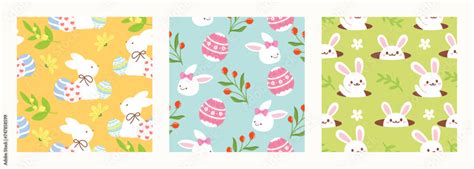 Happy Easter Seamless Pattern Vector Set Of Square Cover Design With Easter Egg Flower Rabbit