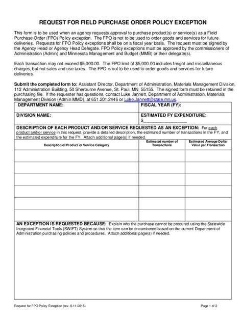 Fillable Online Field Purchase Order Policy Exception Request Fax Email Print Pdffiller