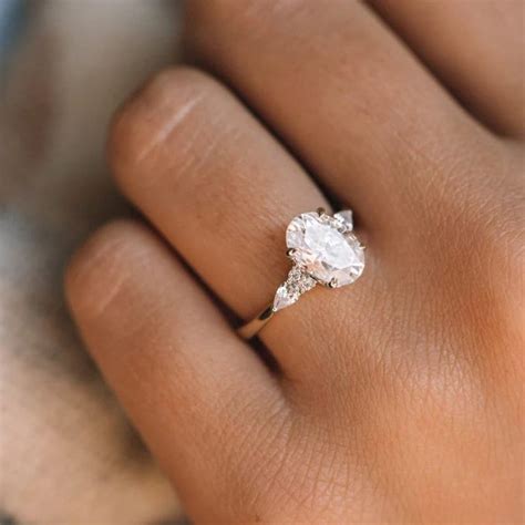 Oval Three Stone Engagement Ring Side Stone Pear Diamond Ring Oval