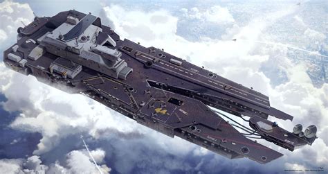 An Artists Rendering Of A Space Ship Floating In The Air With Clouds