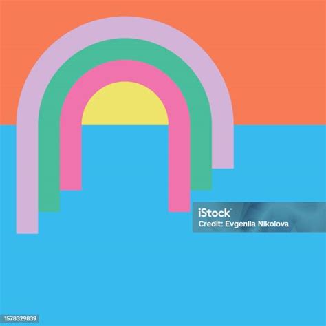 무지개가 있는 트렌디한 추상 그림 복고풍 그루비 레인보우 아치 팝 아트 70년대 스타일 벡터 디자인 요소 1960 1969 년에 대한 스톡 벡터 아트 및 기타 이미지
