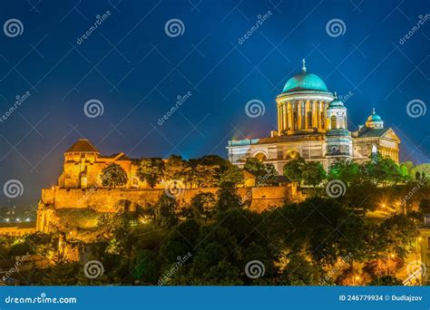 Night View Of The Famous Basilica Of Esztergom Hungary Image Stock