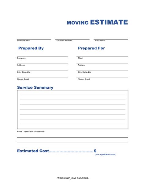 Printable Moving Estimate Template