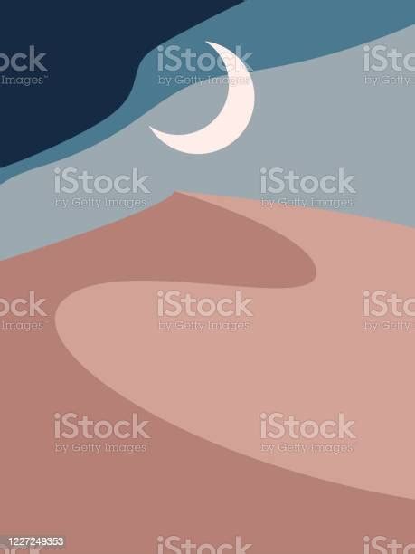 풍경 사막 모래 언덕 초승달과 추상적 인 현대 미적 배경 지구 색조 탄 시에나 테라코타 색상 보헤미안 벽 장식 중반 세기 현대