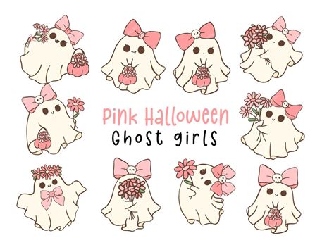 Premium Vector Set Of Cute Pink Halloween Ghost Girl With Flowers