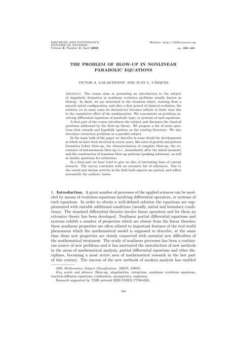 Pdf The Problem Of Blow Up In Nonlinear Parabolic Equations