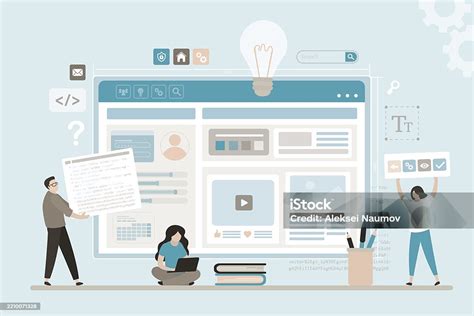 응용 프로그램 또는 웹 개발의 개념 Ui Ux 디자인 서로 다른 아이콘과 부품 페이지를 가진 디자이너 및 개발자 그룹 응용 프로그램을 위한 인터페이스 디자인을 개발합니다