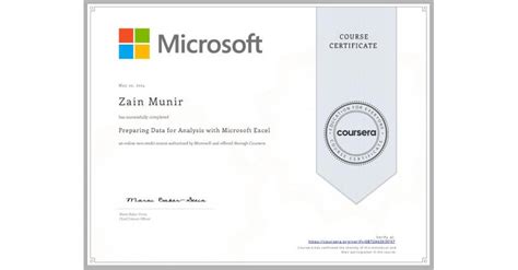 Zain Munir On Linkedin Completion Certificate For Preparing Data For Analysis With Microsoft Excel