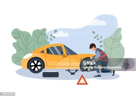 길가에 바퀴를 변경 하는 정비사 도로 지원 개념 도로에 보험 사고 플랫 벡터 그림입니다 변경에 대한 스톡 벡터 아트 및 기타 이미지 Istock