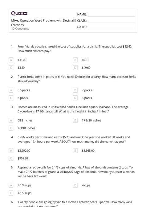 50 Mixed Operation Word Problems Worksheets For 6th Grade On Quizizz