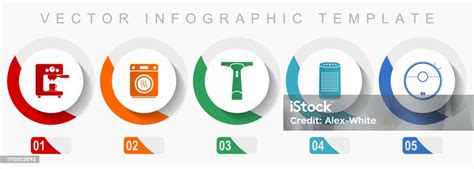 가전 제품 아이콘 세트 커피 메이커 건조기 창 청소기 및 진공 청소기 평면 디자인 벡터 인포 그래픽 템플릿 5 가지 색상 옵션의 웹 버튼과 같은 기타 아이콘 0명에 대한