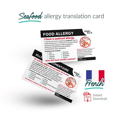 Seafood Allergy Translation Card English And French Instant Download