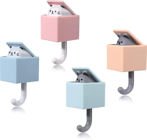 Juome Cute Cat Key Hook 4pcs Adhesive Coat Hooks Key