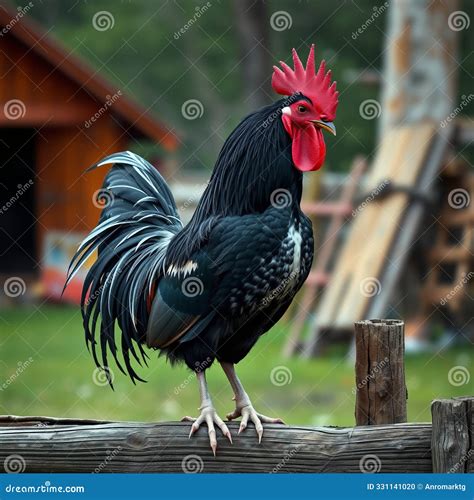 A Black And White Rooster On A Wooden Fence Big Black Cockerel Ultra