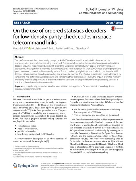 Pdf On The Use Of Ordered Statistics Decoders For Low Density Parity Check Codes In Space