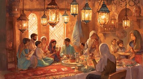 Generative Ai Eid Aladha를 위한 인사말 카드 전통적인 식사 주위에 가족이 모인 축제 장면 천장에 매달려 있는 복잡한 디자인의 등불 따뜻한 촛불 프리미엄 사진