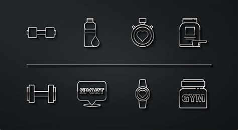 중앙 스톱워치 아이콘에 라인 덤벨 스포츠 영양 스마트 워치 위치 체육관 피트니스 셰이커 및 하트를 설정하십시오 벡터 건강한 생활