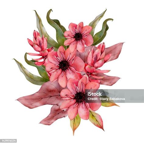수채화 가을 꽃다발 일러스트 레이 션은 흰색 배경에 고립되어 있습니다 가을 꽃 조성물 결혼식 초대장 인사말 추수 감사절 카드에 적합합니다 달리아 팜 리프 0명에 대한 스톡