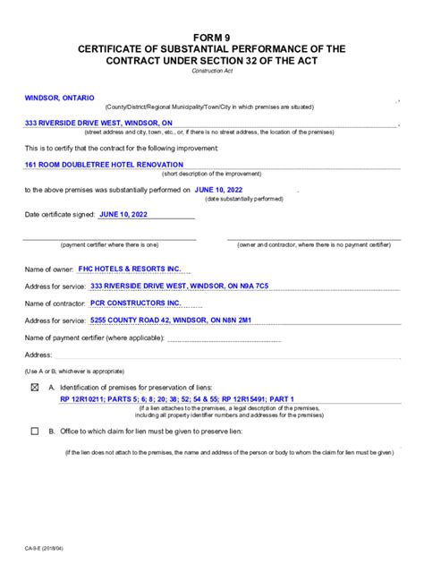 Fillable Online Substantial Completion Form 9 Doc Fax Email Print Pdffiller