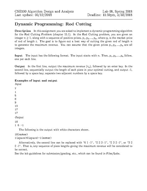 Lab08 Professor Miguel A Carreira Perpnan Dynamic Programming Rod