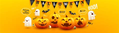 귀여운 할로윈 호박 무서운 흰색 유령 박쥐와 노란색 배경에 번팅 행복 할로윈 포스터와 배너 템플릿 웹 사이트 으스스한 배경 또는