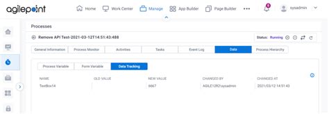 Process Detail Screen Data Tab Data Tracking Tab