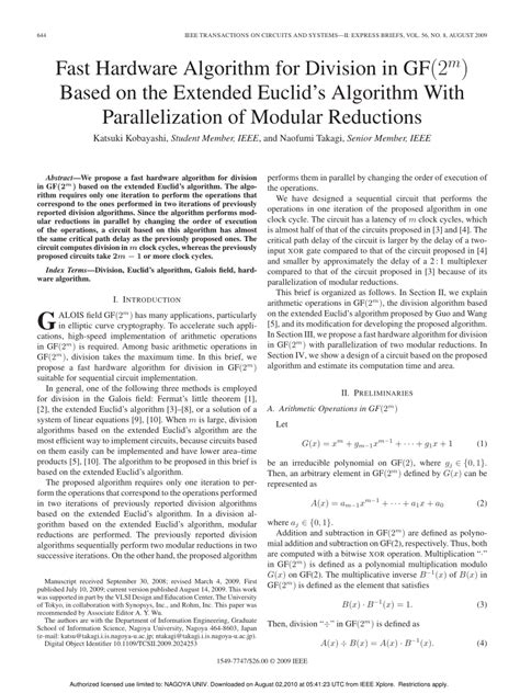 Pdf Fast Hardware Algorithm For Division In Hbox Gf 2 M Based On The Extended Euclids