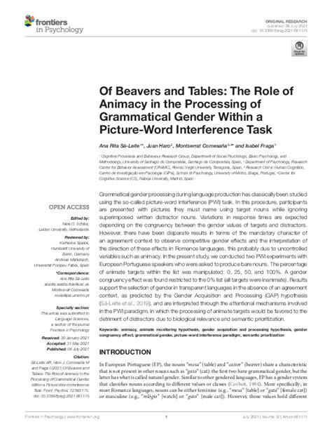 Pdf Of Beavers And Tables The Role Of Animacy In The Processing Of Grammatical Gender Within