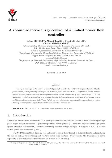 Pdf A Robust Adaptive Fuzzy Control Of A Unified Power Flow Controller