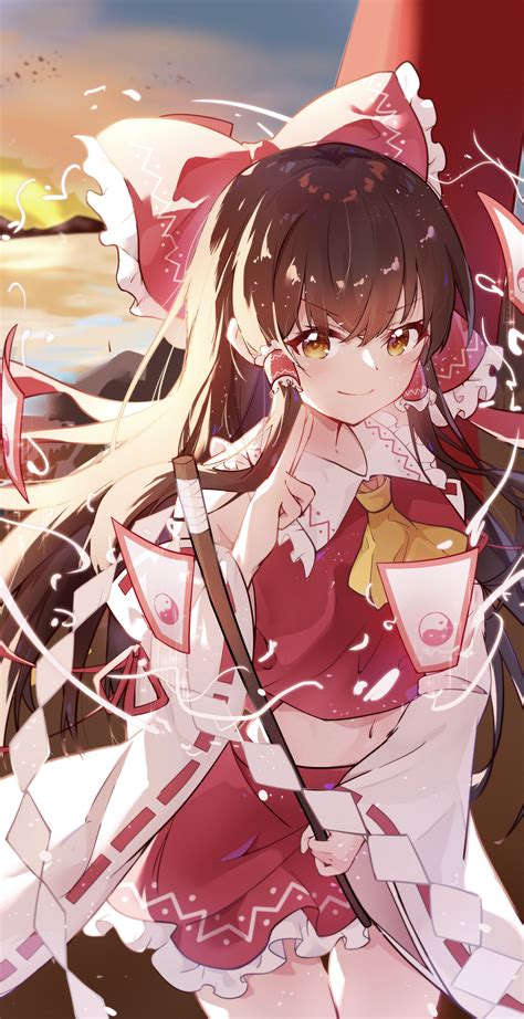 배경 화면 애니메이션 소녀들 동방 하쿠레이 레이 무 긴 머리 흑발 일본 옷 미코 독주 삽화 디지털 아트 팬 아트 수직선 꽃잎 2186x4254