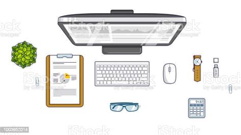 사무실 직원이 나 기업 Pc 컴퓨터와 작업 절연 평면도 대 한 다양 한 편지지 개체 책상 직장을 작동 합니다 모든 요소는 별도로 사용 하기 쉽습니다 벡터입니다 3차원 형태에