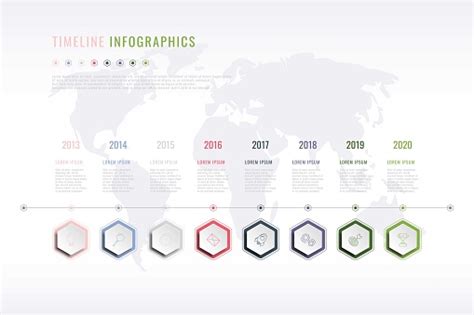 육각형 요소 연도 표시 및 배경에 세계지도와 기업 역사 인포 그래픽 현대의 현실적인 3d 비즈니스 데이터 시각화 벡터 회사
